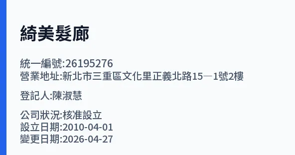 綺美髮廊的照片-統編 26195276(新北市) 公司登記資料與營業項目詳細圖表