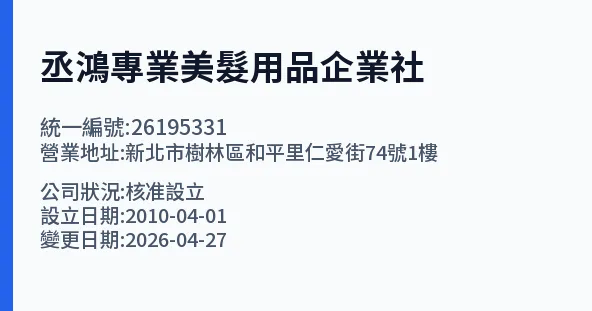 丞鴻專業美髮用品企業社的照片-統編 26195331(新北市) 公司登記資料與營業項目詳細圖表