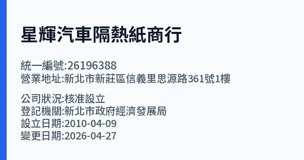 星輝汽車隔熱紙商行的照片-統編 26196388(新北市) 公司登記資料與營業項目詳細圖表