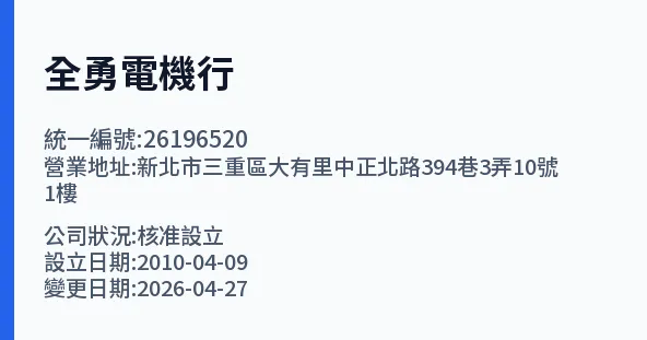 全勇電機行的照片-統編 26196520(新北市) 公司登記資料與營業項目詳細圖表