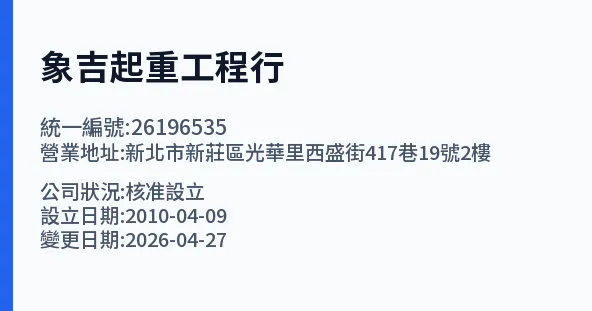 象吉起重工程行的照片-統編 26196535(新北市) 公司登記資料與營業項目詳細圖表