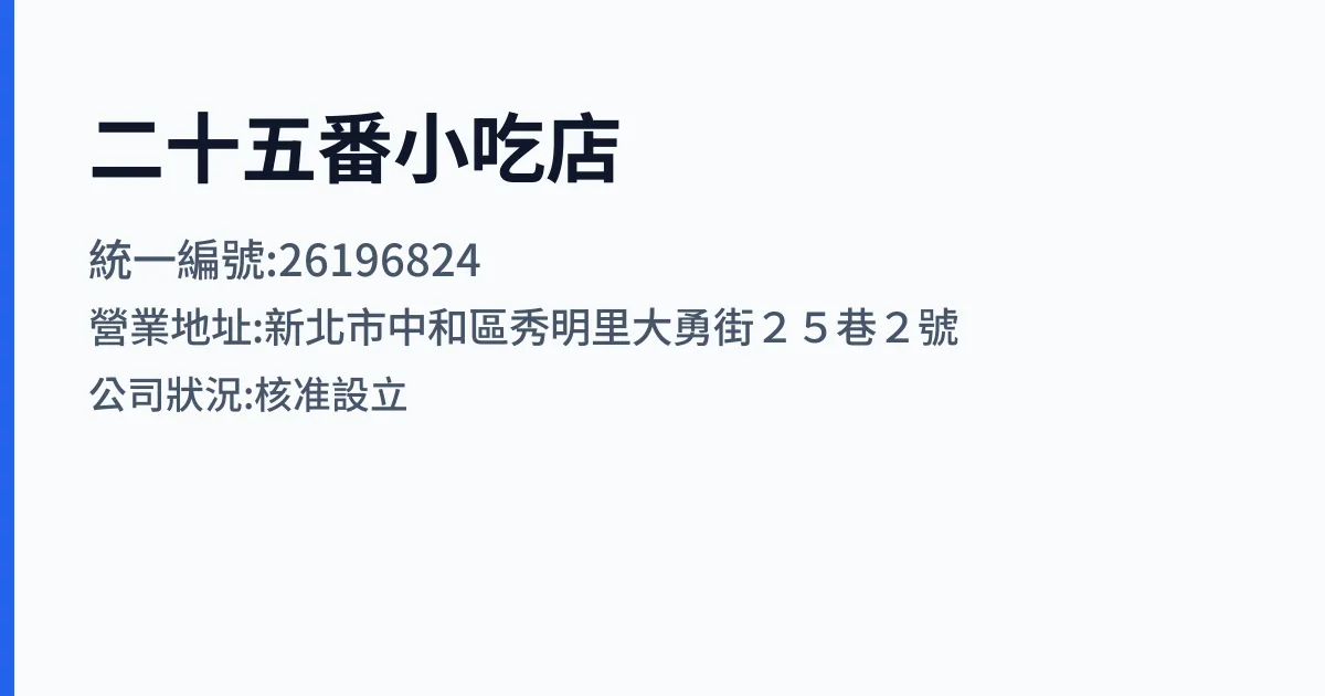 二十五番小吃店 - 統編 26196824(新北市) 公司登記資料與營業項目詳細圖表