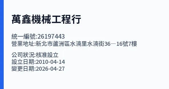 萬鑫機械工程行的照片-統編 26197443(新北市) 公司登記資料與營業項目詳細圖表