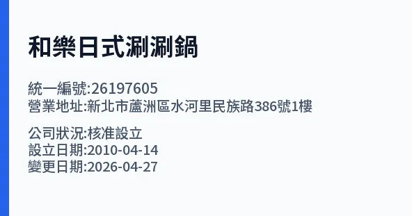 和樂日式涮涮鍋的照片-統編 26197605(新北市) 公司登記資料與營業項目詳細圖表