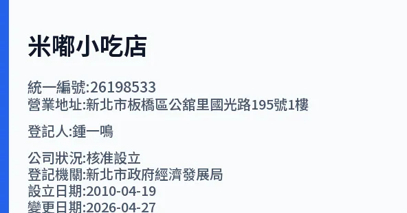 米嘟小吃店的照片-統編 26198533(新北市) 公司登記資料與營業項目詳細圖表