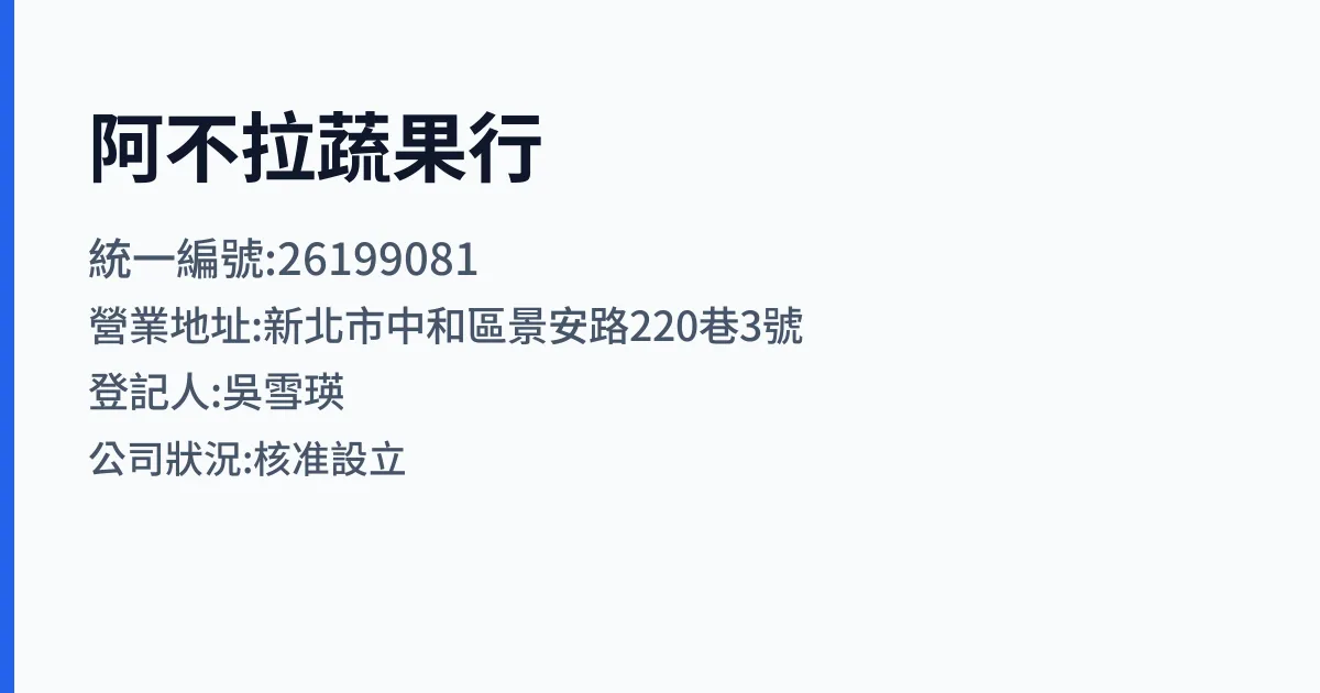 阿不拉蔬果行 - 統編 26199081(新北市) 公司登記資料與營業項目詳細圖表