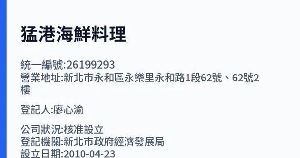 猛港海鮮料理的照片-統編 26199293(新北市) 公司登記資料與營業項目詳細圖表