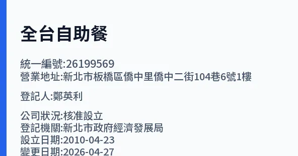 全台自助餐的照片-統編 26199569(新北市) 公司登記資料與營業項目詳細圖表