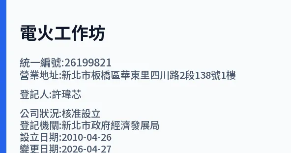 電火工作坊的照片-統編 26199821(新北市) 公司登記資料與營業項目詳細圖表