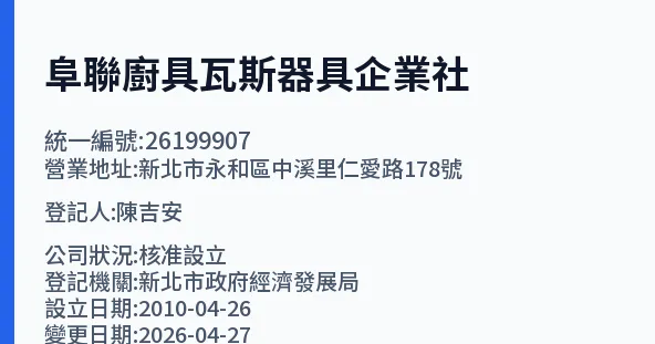 阜聯廚具瓦斯器具企業社的照片-統編 26199907(新北市) 公司登記資料與營業項目詳細圖表
