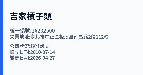 吉家槓子頭的照片-統編 26202500(臺北市) 公司登記資料與營業項目詳細圖表