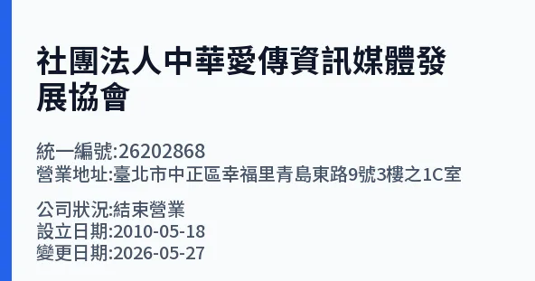 社團法人中華愛傳資訊媒體發展協會的照片-統編 26202868(臺北市) 公司登記資料與營業項目詳細圖表