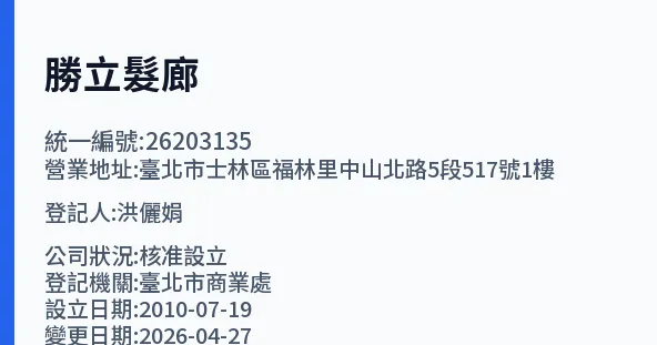 勝立髮廊的照片-統編 26203135(臺北市) 公司登記資料與營業項目詳細圖表