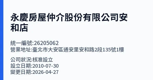 永慶房屋仲介股份有限公司安和店的照片-統編 26205062(臺北市) 公司登記資料與營業項目詳細圖表