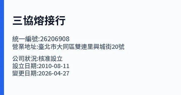 三協熔接行的照片-統編 26206908(臺北市) 公司登記資料與營業項目詳細圖表