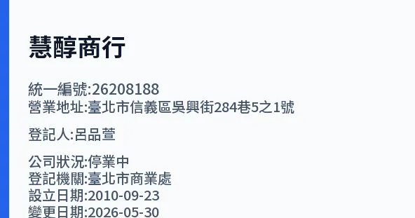 慧醇商行的照片-統編 26208188(臺北市) 公司登記資料與營業項目詳細圖表