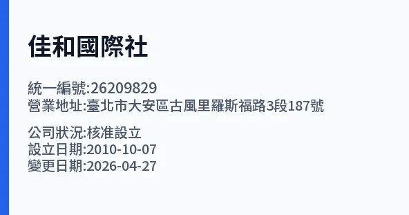 佳和國際社的照片-統編 26209829(臺北市) 公司登記資料與營業項目詳細圖表