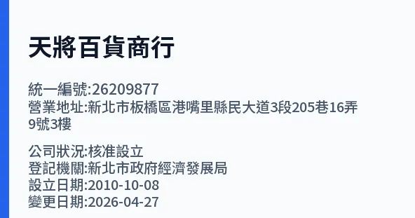 天將百貨商行的照片-統編 26209877(新北市) 公司登記資料與營業項目詳細圖表