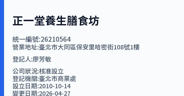 正一堂養生膳食坊的照片-統編 26210564(臺北市) 公司登記資料與營業項目詳細圖表