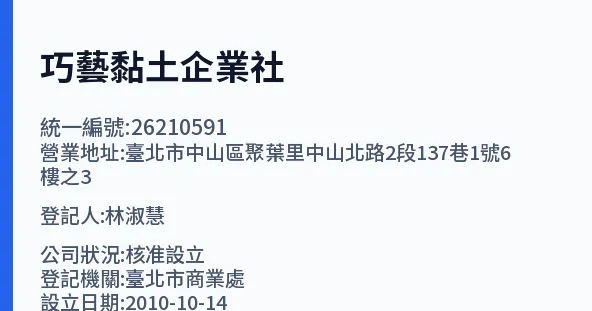 巧藝黏土企業社的照片-統編 26210591(臺北市) 公司登記資料與營業項目詳細圖表