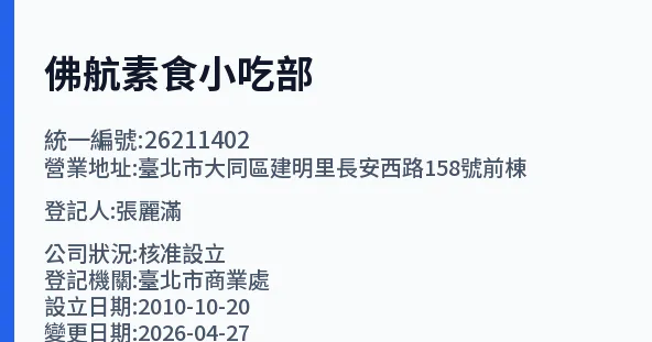 佛航素食小吃部的照片-統編 26211402(臺北市) 公司登記資料與營業項目詳細圖表
