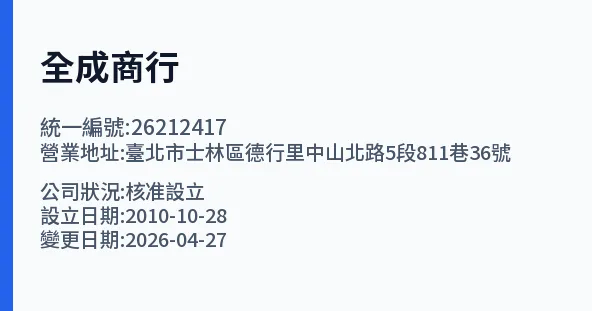 全成商行的照片-統編 26212417(臺北市) 公司登記資料與營業項目詳細圖表