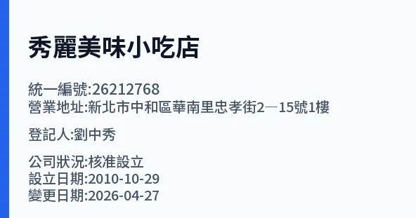 秀麗美味小吃店的照片-統編 26212768(新北市) 公司登記資料與營業項目詳細圖表
