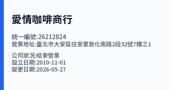 愛情咖啡商行的照片-統編 26212824(臺北市) 公司登記資料與營業項目詳細圖表