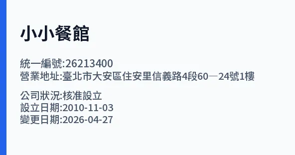 小小餐館的照片-統編 26213400(臺北市) 公司登記資料與營業項目詳細圖表