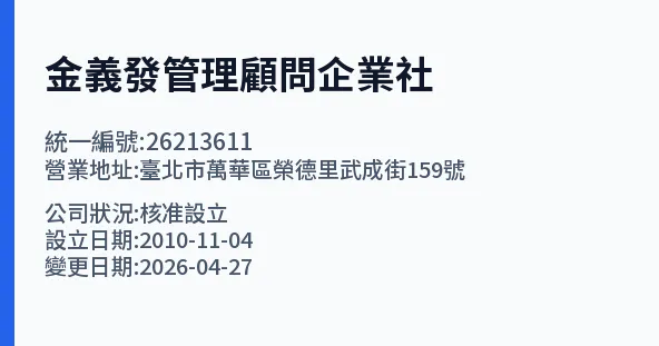 金義發管理顧問企業社的照片-統編 26213611(臺北市) 公司登記資料與營業項目詳細圖表