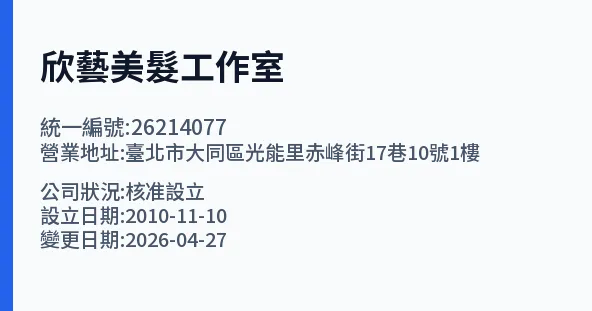 欣藝美髮工作室的照片-統編 26214077(臺北市) 公司登記資料與營業項目詳細圖表