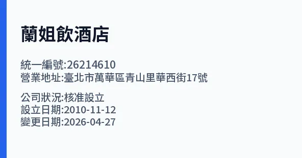 蘭姐飲酒店的照片-統編 26214610(臺北市) 公司登記資料與營業項目詳細圖表