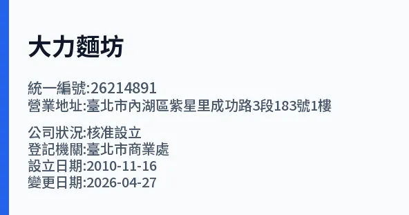 大力麵坊的照片-統編 26214891(臺北市) 公司登記資料與營業項目詳細圖表