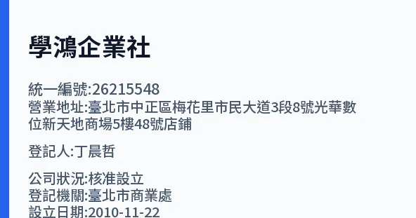學鴻企業社的照片-統編 26215548(臺北市) 公司登記資料與營業項目詳細圖表
