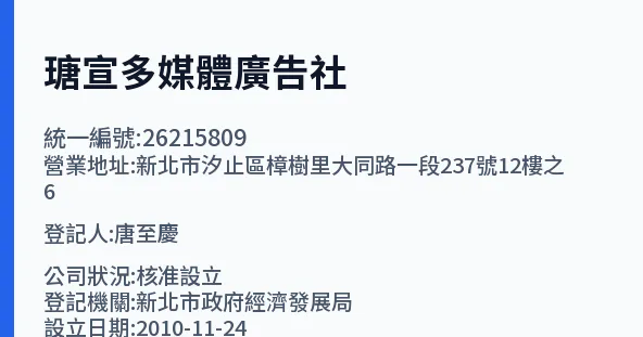 瑭宣多媒體廣告社的照片-統編 26215809(新北市) 公司登記資料與營業項目詳細圖表