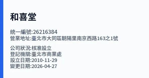 和喜堂的照片-統編 26216384(臺北市) 公司登記資料與營業項目詳細圖表