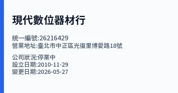 現代數位器材行的照片-統編 26216429(臺北市) 公司登記資料與營業項目詳細圖表