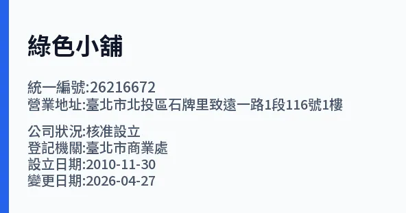 綠色小舖的照片-統編 26216672(臺北市) 公司登記資料與營業項目詳細圖表