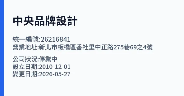 中央品牌設計的照片-統編 26216841(新北市) 公司登記資料與營業項目詳細圖表