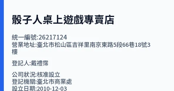 骰子人桌上遊戲專賣店的照片-統編 26217124(臺北市) 公司登記資料與營業項目詳細圖表
