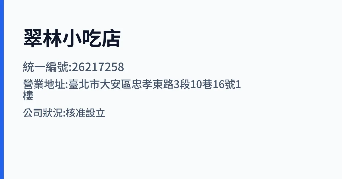 翠林小吃店 - 統編 26217258(臺北市) 公司登記資料與營業項目詳細圖表