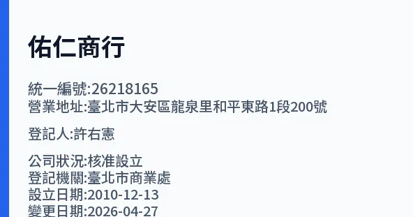 佑仁商行的照片-統編 26218165(臺北市) 公司登記資料與營業項目詳細圖表