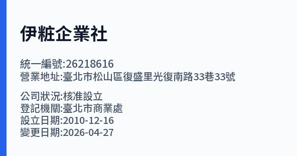 伊粧企業社的照片-統編 26218616(臺北市) 公司登記資料與營業項目詳細圖表