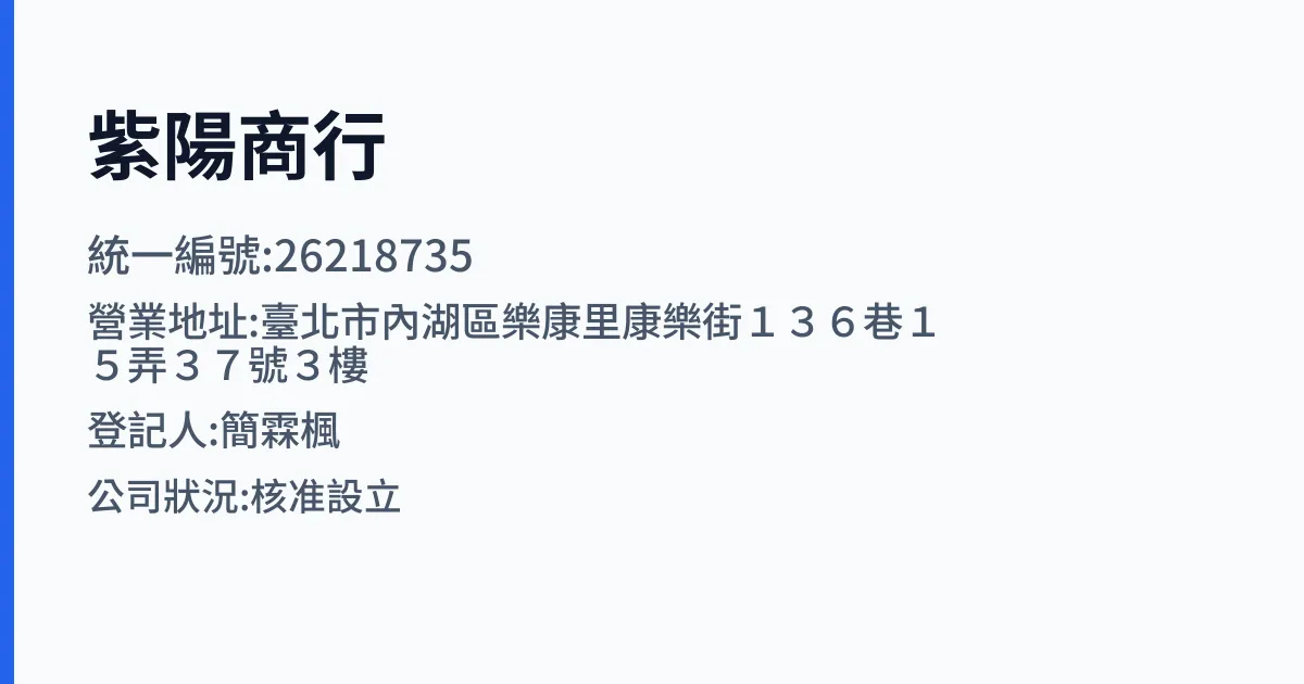 紫陽商行 - 統編 26218735(臺北市) 公司登記資料與營業項目詳細圖表