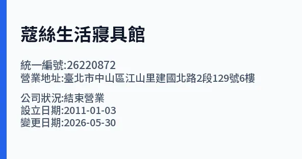 蔻絲生活寢具館的照片-統編 26220872(臺北市) 公司登記資料與營業項目詳細圖表