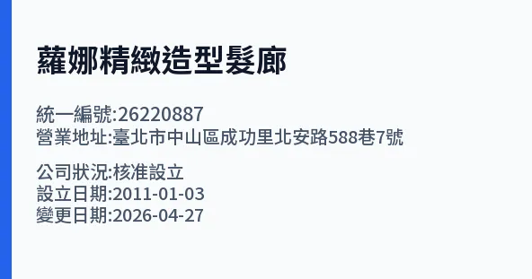 蘿娜精緻造型髮廊的照片-統編 26220887(臺北市) 公司登記資料與營業項目詳細圖表