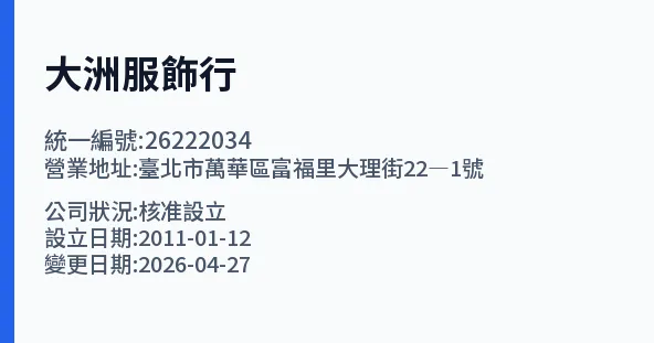 大洲服飾行的照片-統編 26222034(臺北市) 公司登記資料與營業項目詳細圖表