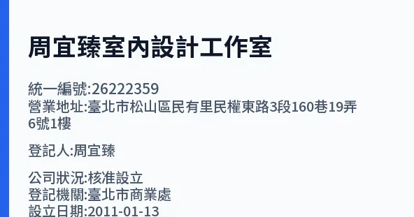 周宜臻室內設計工作室的照片-統編 26222359(臺北市) 公司登記資料與營業項目詳細圖表