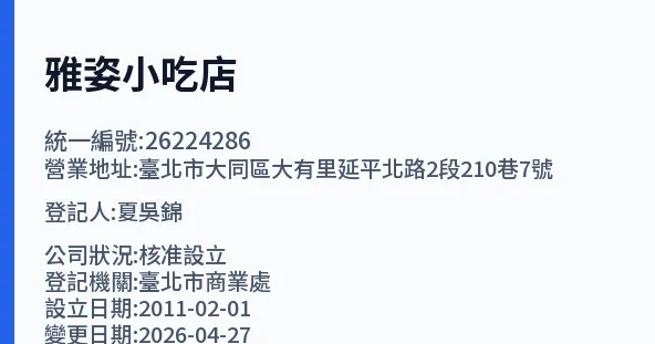 雅姿小吃店的照片-統編 26224286(臺北市) 公司登記資料與營業項目詳細圖表
