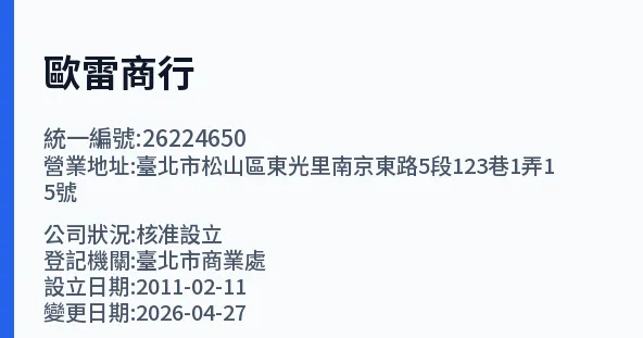 歐雷商行的照片-統編 26224650(臺北市) 公司登記資料與營業項目詳細圖表